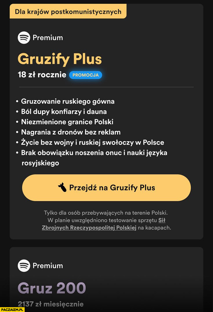Pakiet Gruzify plus 18 zł rocznie za gruzowanie ruskiego gówna ...